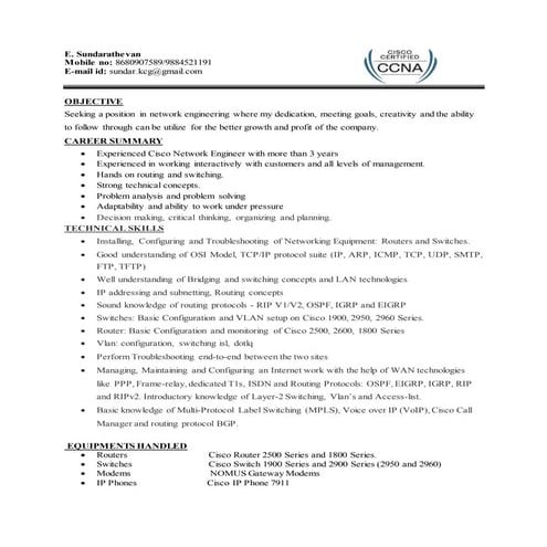 E SUNDARATHEVAN RESUME | DOCX | Computer Networking | Computing