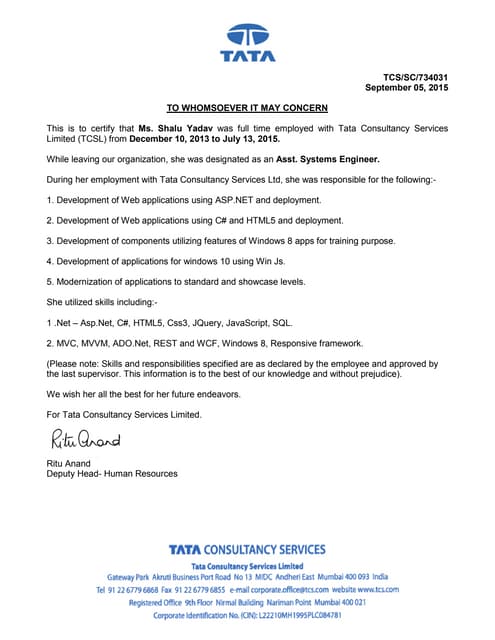 tcs experience letter | PDF | Human Resources | Business