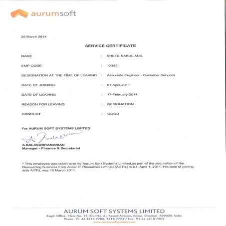 Aurum Soft Service Certificate | PDF