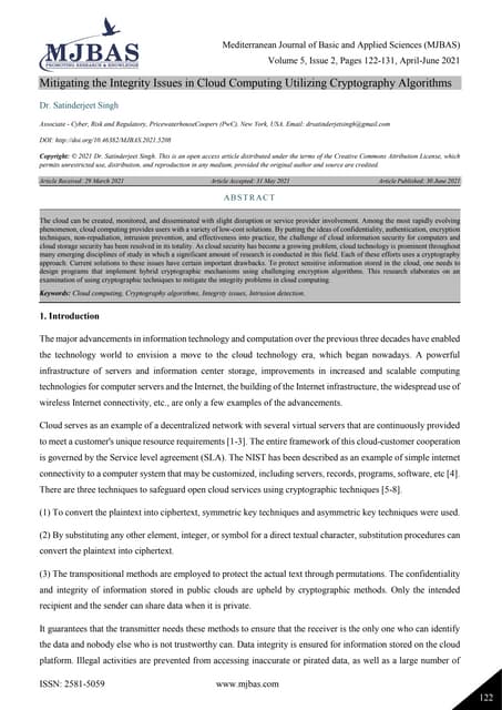 Mitigating The Integrity Issues In Cloud Computing Utilizing Cryptography Algorithms Pdf