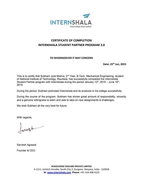 Internshala Student Partner 6.0 Jadavpur University Certificate | PDF
