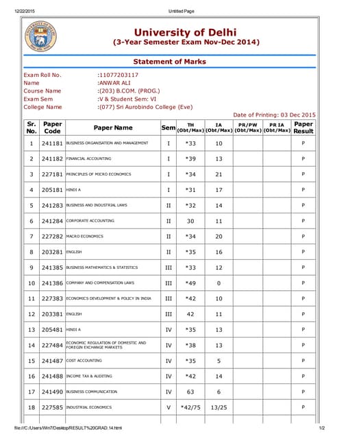 DU marksheet | PDF