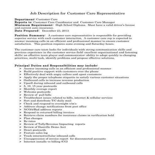 Customer Care Representative Job Description | DOC