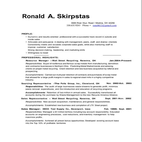 Ron Skirpstas resume 42016 | DOCX | Sales | Business