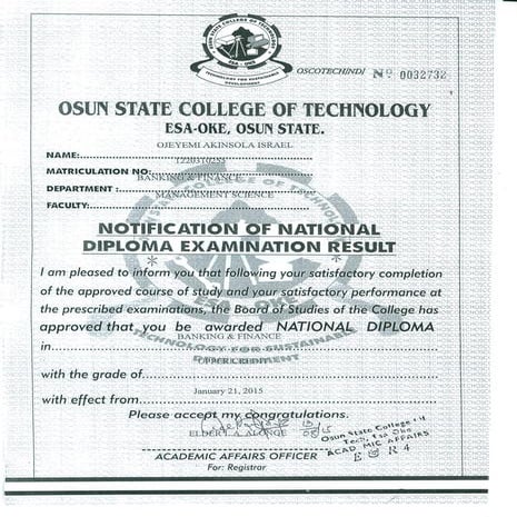 NOTIFICATION OF NATIONAL DIPLOMA EXAMINATION RESULT | PDF