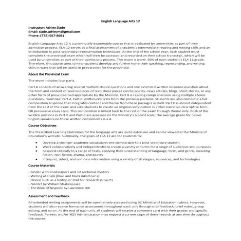 ELA 12 - Syllabus | PDF
