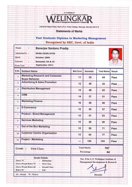 MBA marksheet(I year) | PDF