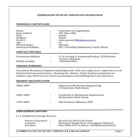 Curriculum Vitae Velan Loganathan (1) | PDF