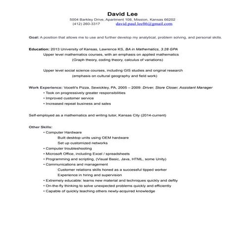 David Lee Resume 2015 | ODT