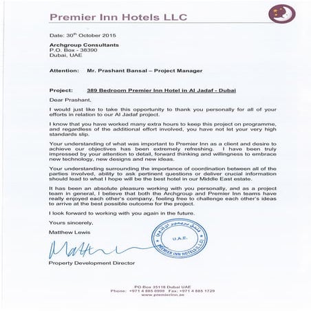 Premier Inn Appreciation Letter | PDF