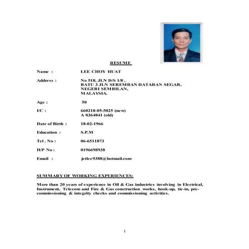 Lee Choy Huat Resume - 2015 | DOCX