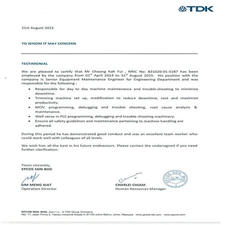 TDK Testimonial letter | PDF