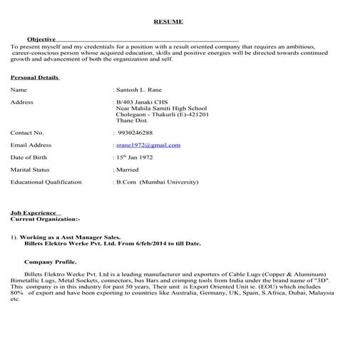 Santosh resume F | DOC | Sales | Business