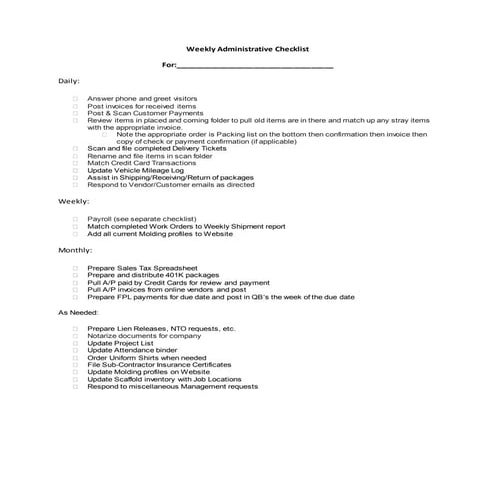 Weekly Administrative Checklist | DOCX