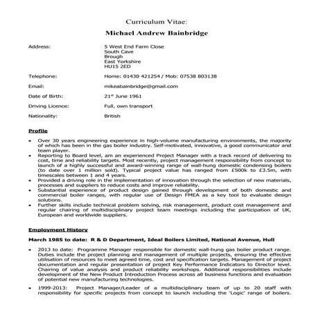 CURRICULUM VITAE Mike Bainbridge 2015 PDF | PDF