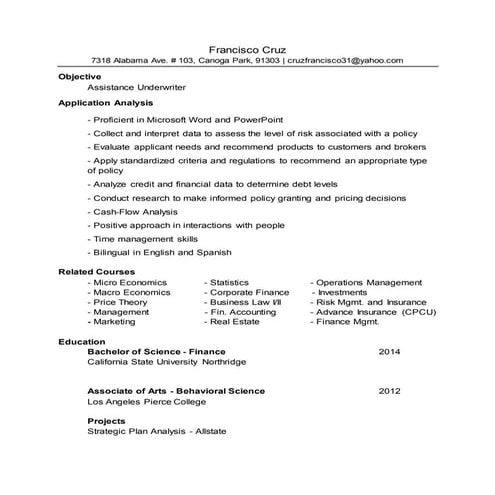 Francisco Cruz Resume- underwriter | DOCX