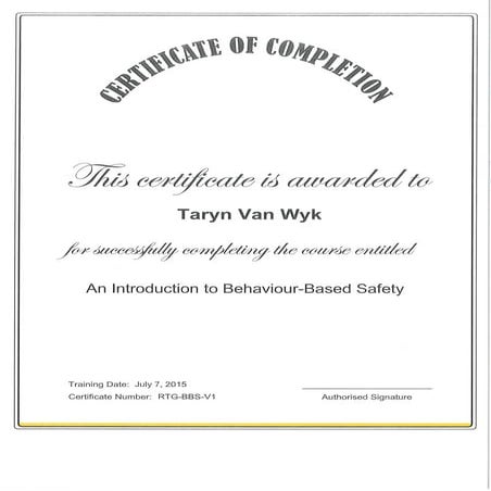 Certificate of Completion - Behaviour-Based Safety | PDF