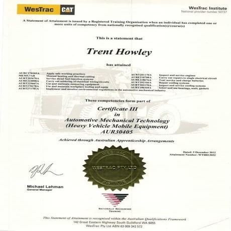 Trent Howley - Westrac CAT Institute_AUR30405 - Certificate III in ...