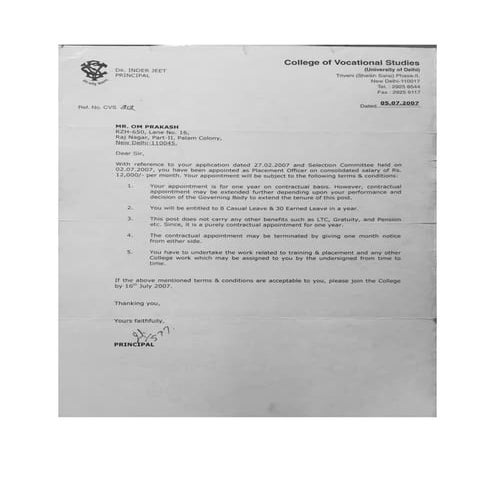 Appointment Letter issued by College of Vocational Studies University ...