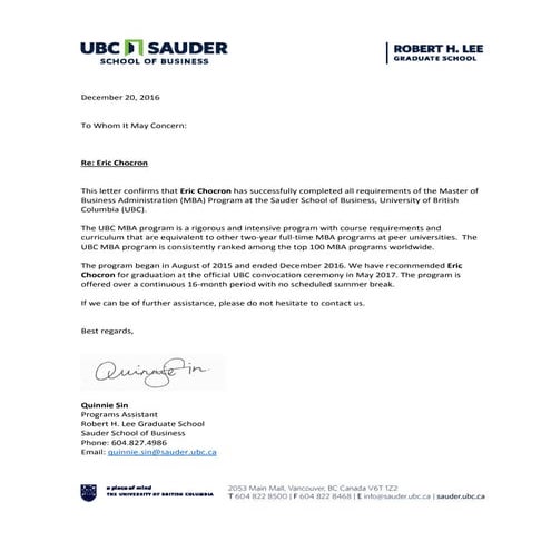 Program Complete Letter - Eric Chocron | PDF