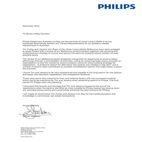 Philips - JLL Reference Letter from Simon Jackson Dec 2012 | PDF