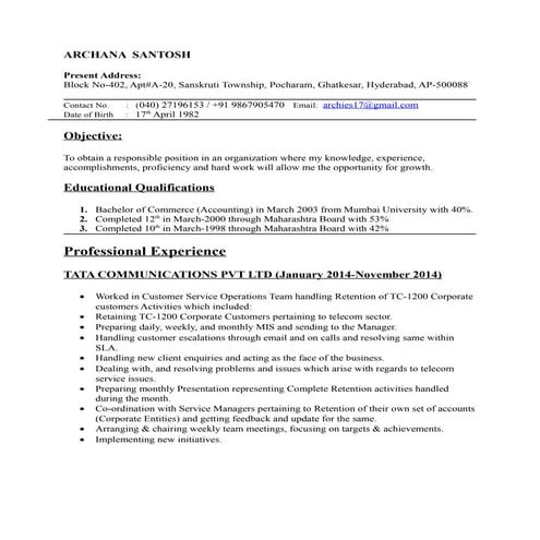 ARCHANA SANTOSH Resume | DOC | Resume Writing and Advice | Job Search