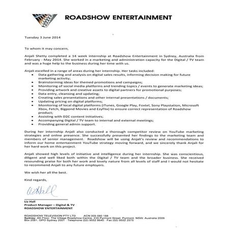 Village Roadshow Pictures - Letter of Recommendation | PDF