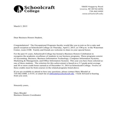 Business Honors Letter | DOC