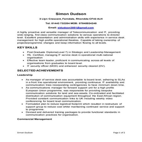 Simon Dudson draft cv | DOCX | Telecommunications Industry | Industries