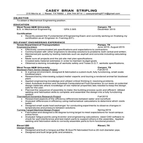 Casey Stripling Engineer Resume | PDF