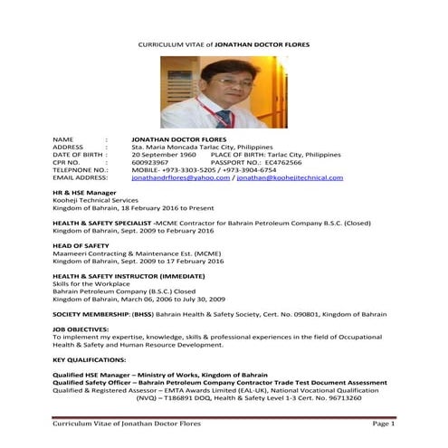 CURRICULUM VITAE HSE of JONATHAN DOCTOR FLORES UPDATED | PDF