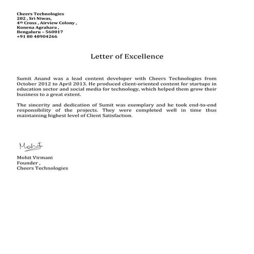 Letter of Excellence_Sumit Anand | PDF
