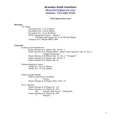 Solo Repertoire List | PDF | Classical Music | Music