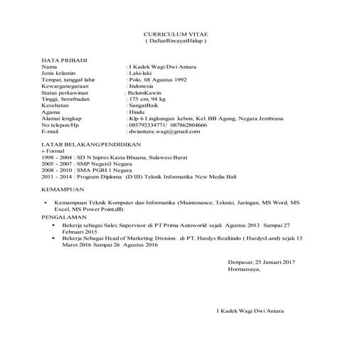 CURRICULUM VITAE I Kadek Wagi Dwi Antara | PDF