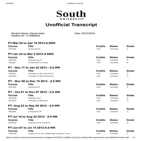 Unofficial Transcript | PDF
