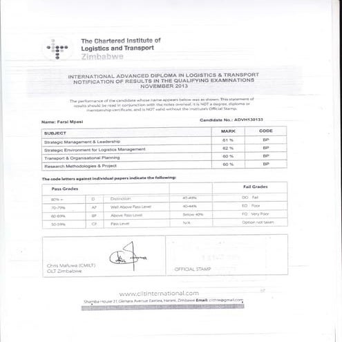 Farai CILT(UK) Advanced Diploma in Log and Trspt Results-1 | PDF