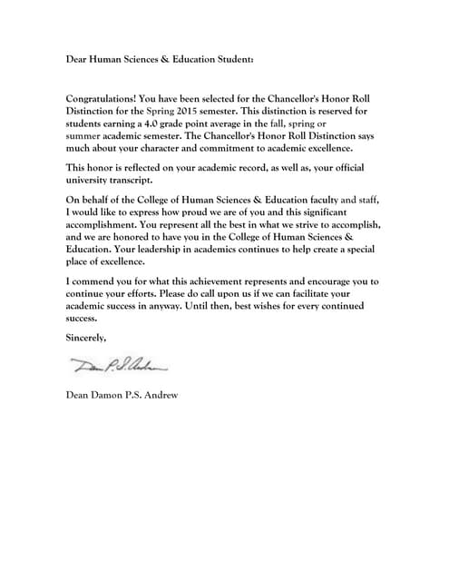 President's Honour Roll Letter and Certificate | PDF