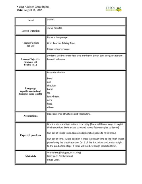 Lesson plan parts of the body (1) 0 | PDF