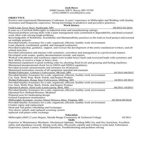Josh Rowe US Steel Resume | RTF | Landscaping | Home & Garden