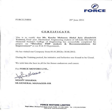 FORCE Inplant training certificate | PDF
