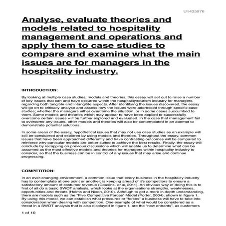Analyse, evaluate theories and models related to hospitality management ...
