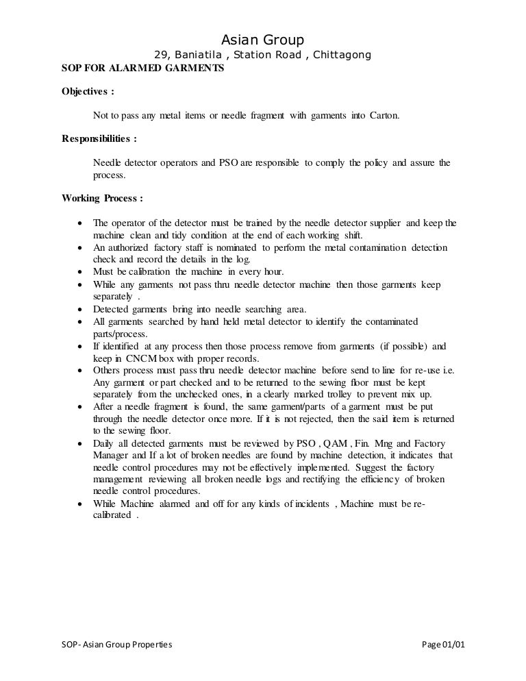 SOP FOR ALARMED GARMENTS