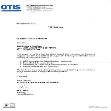 Otis Recomendation Letter | PDF