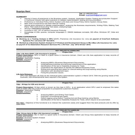 Supriya Resume_Latest | DOC | Life Insurance | Insurance