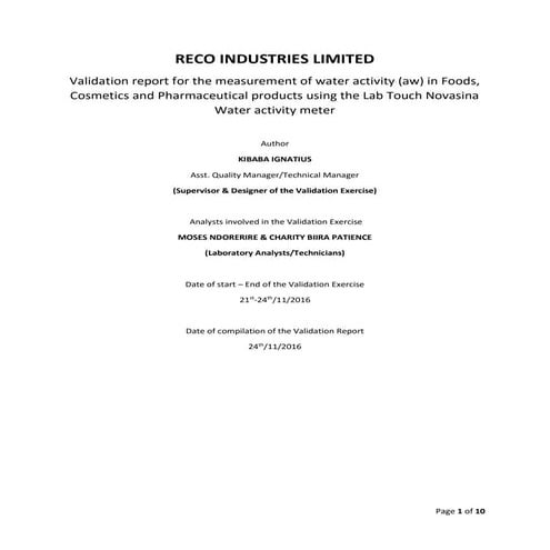 Completed Validation Report Water activity meter | PDF