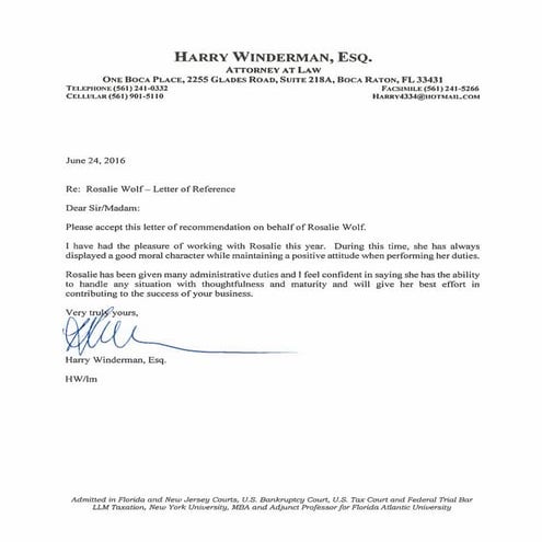Letter of recommendation fro Harry Winderman of counsel | PDF