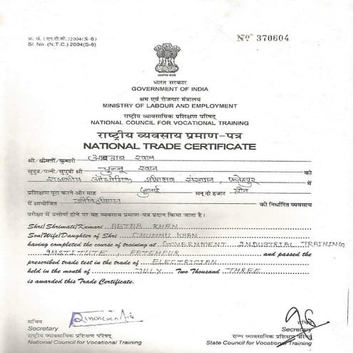 Goverment Industrial Training Institute of India (ITI) Certifice | PDF