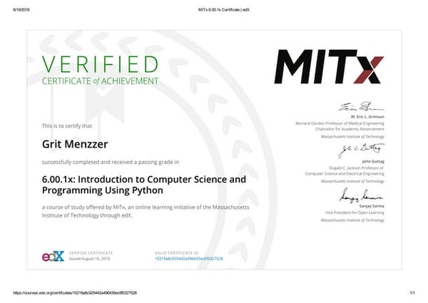 Certificate Dashamir Hoxha Edxmitx 600x Introduction To Computer Science And Programming