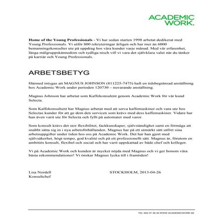 Magnus Johnson Arbetsgivarintyg | PDF