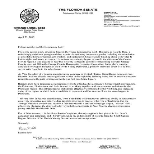 Political Endorsement Letter for Ricardo Diaz from Florida Senator ...